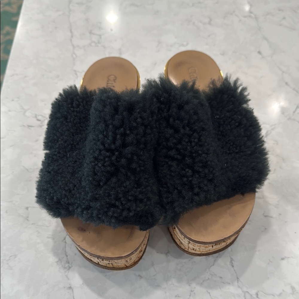 Chloe Black Shearling Slide Sandals - Gem